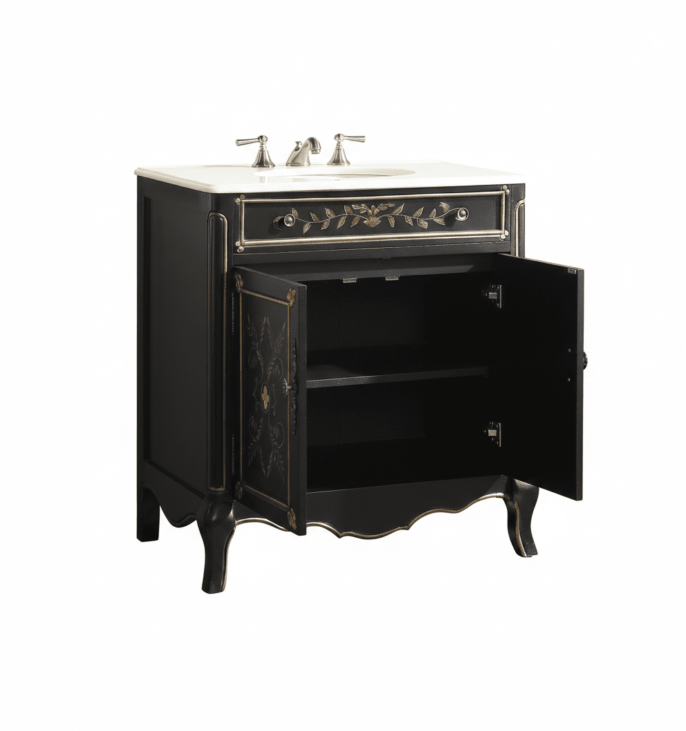 32" Hand-painted Floral Motif Decoroso Bathroom Vanity in Black Model ...