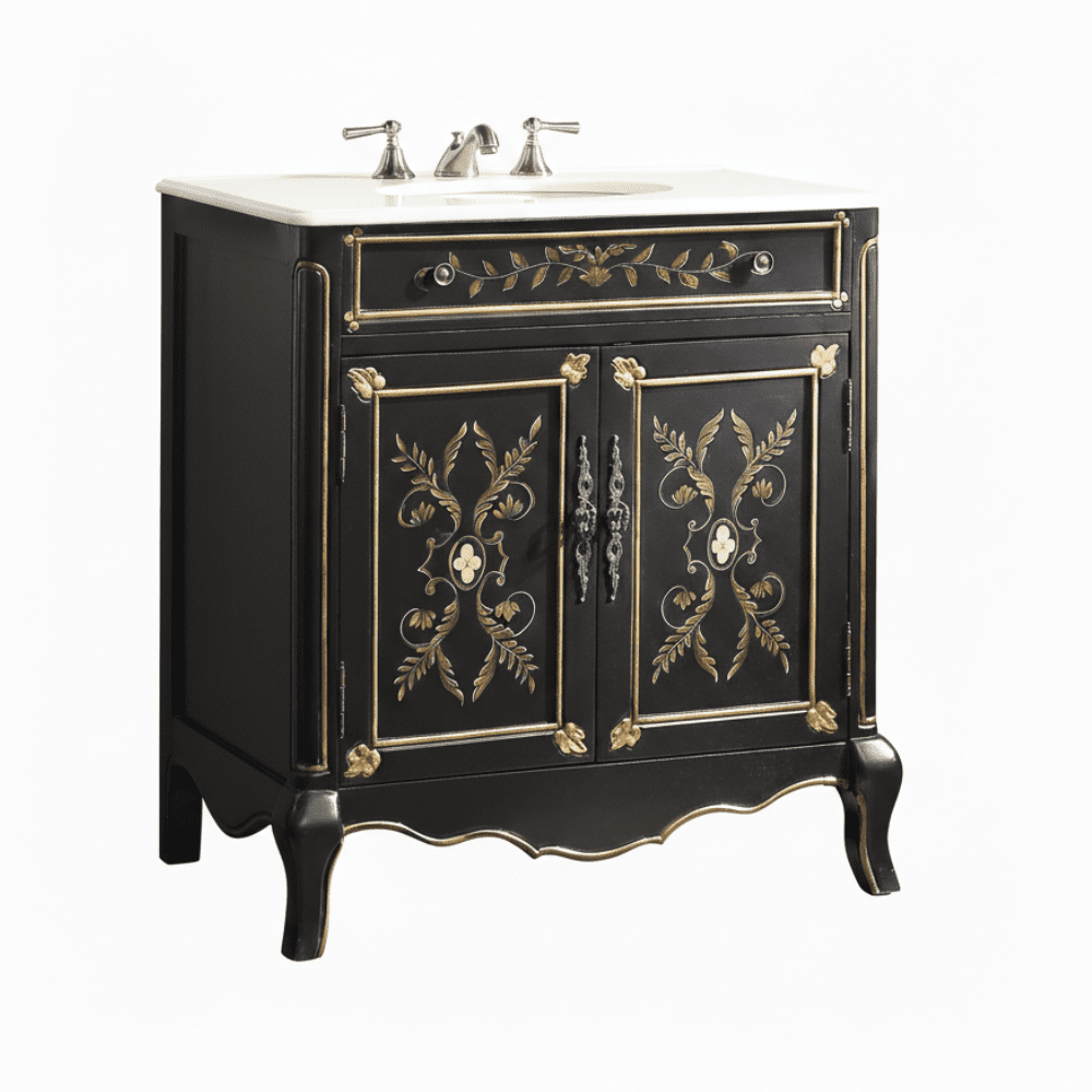 32" Hand-painted Floral Motif Decoroso Bathroom Vanity in Black Model ...