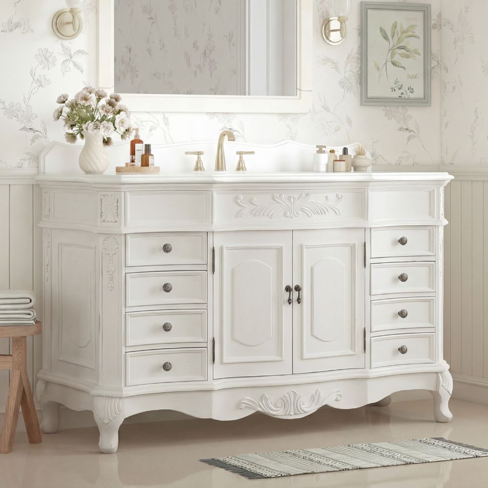 56 Inch Morton Antique Style White Single Sink Bathroom Vanity With Wh ...