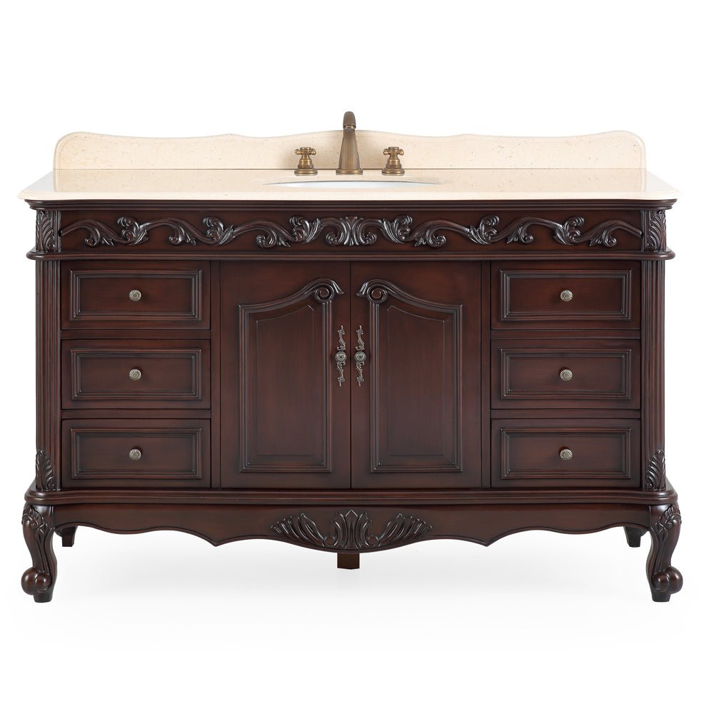 56 inch Traditional Style Cherry Brown Bathroom Sink Vanity With Cream ...