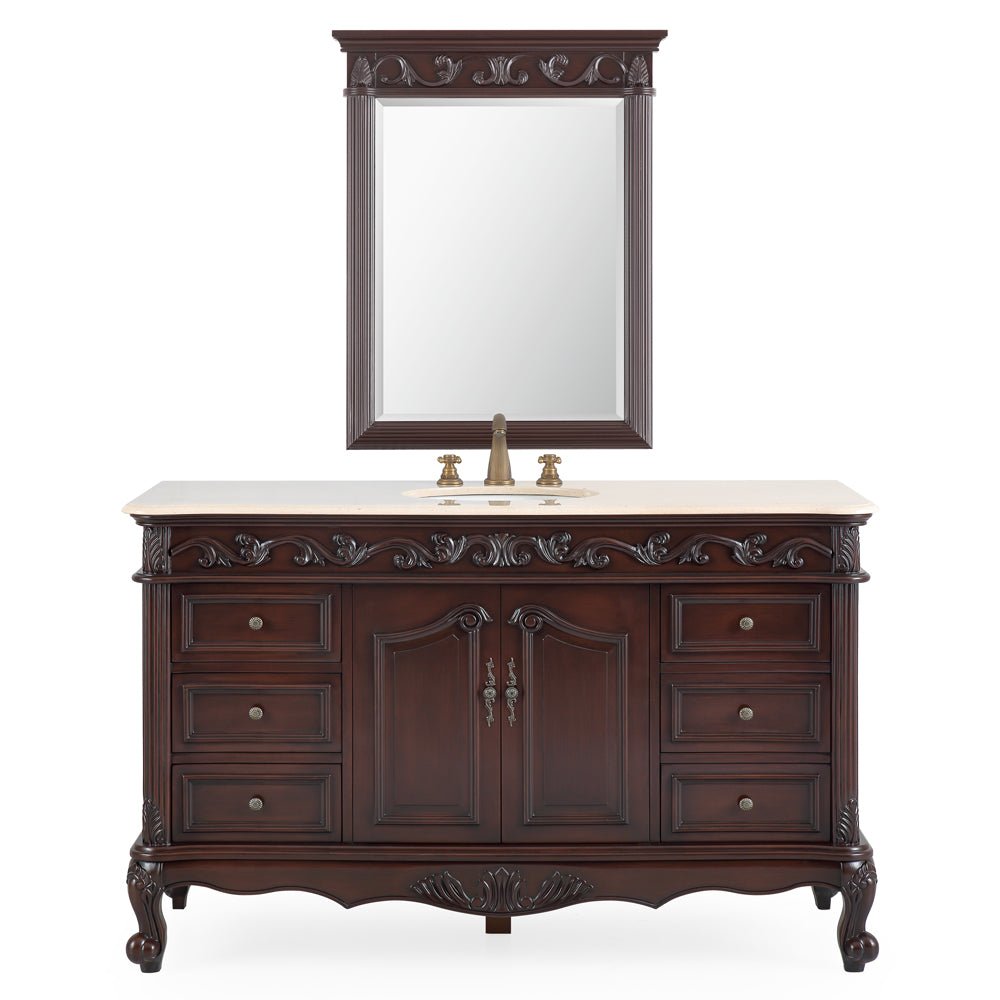 56 inch Traditional Style Cherry Brown Bathroom Sink Vanity With Cream ...