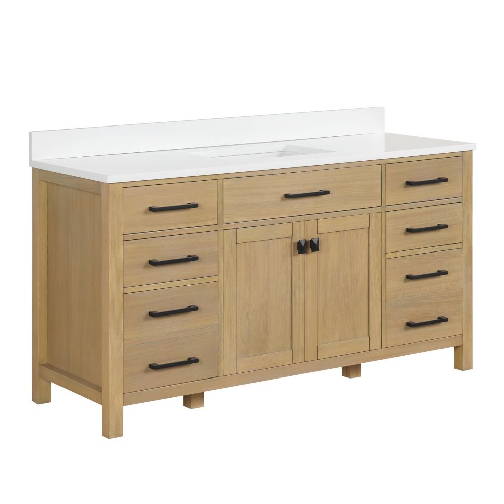 60 Inch Aged Oak Finish Rella Single Sink Bathroom Vanity With White Q ...