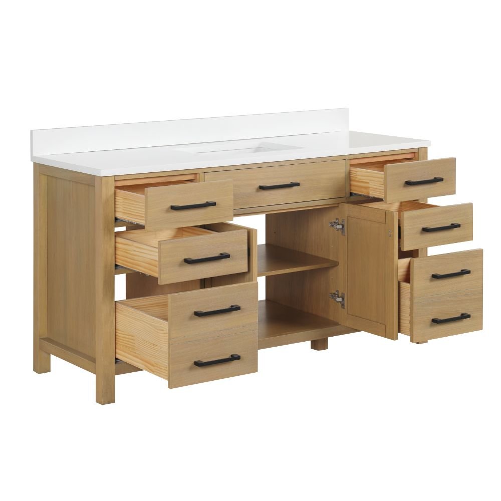 60 Inch Aged Oak Finish Rella Single Sink Bathroom Vanity With White Q ...