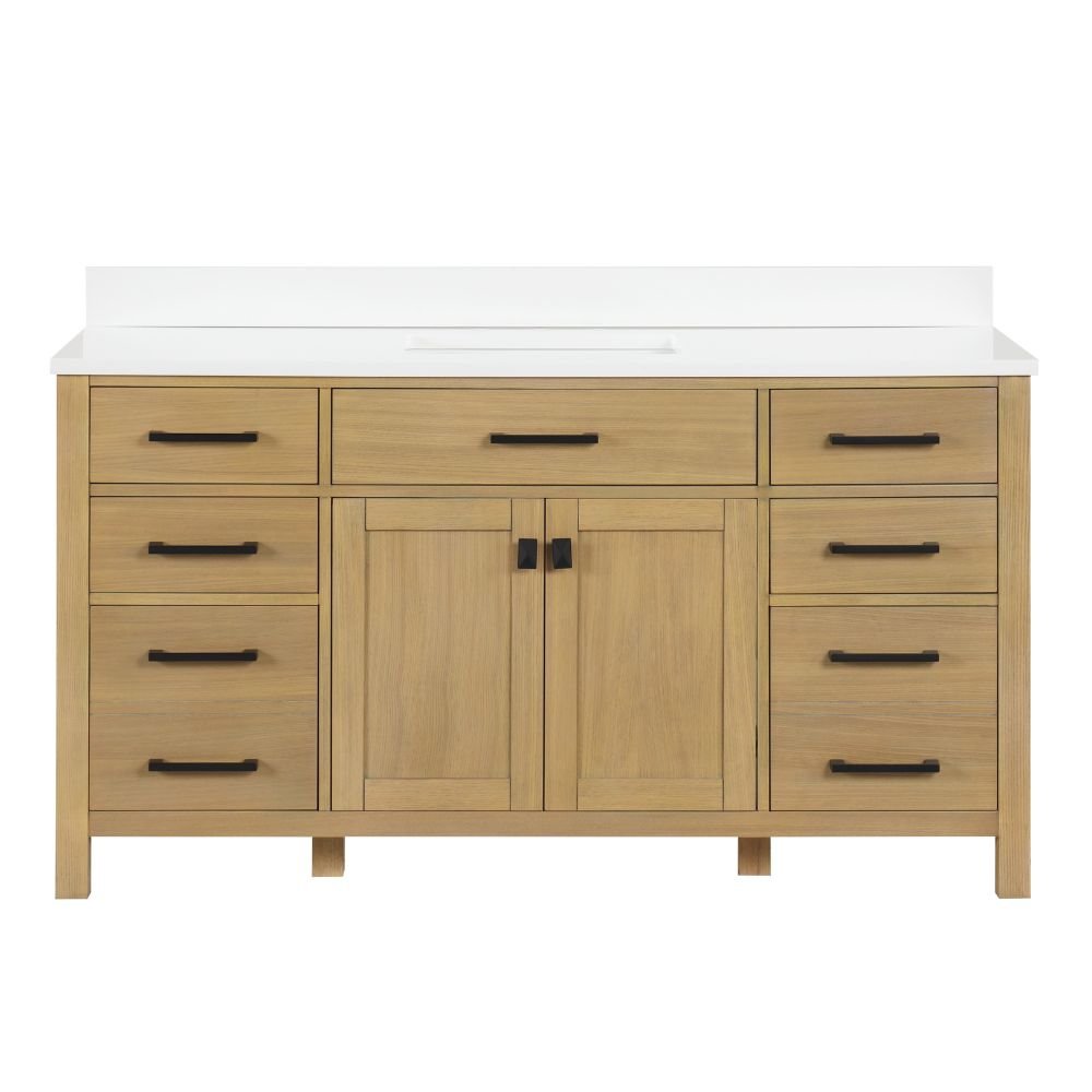 60 Inch Aged Oak Finish Rella Single Sink Bathroom Vanity With White Q ...
