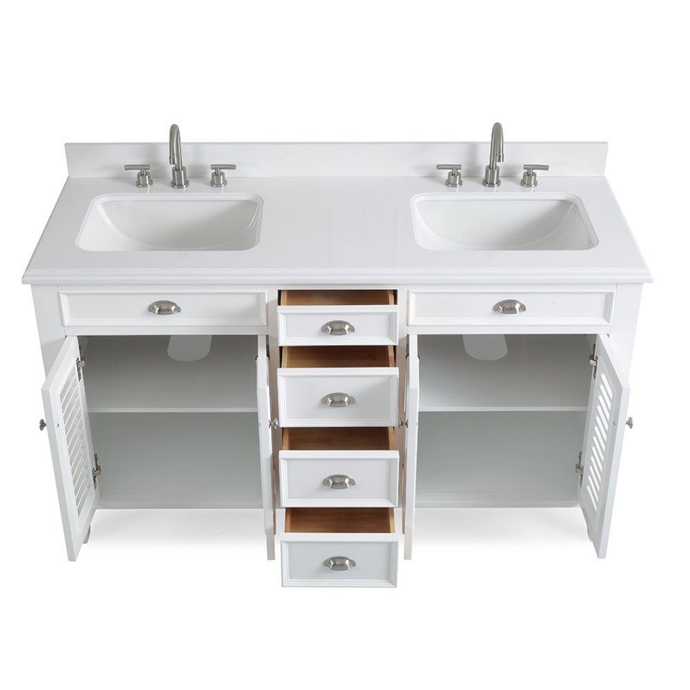 60 Inch Double Sink White Bathroom Vanity with Quartz Top, Soft Close ...