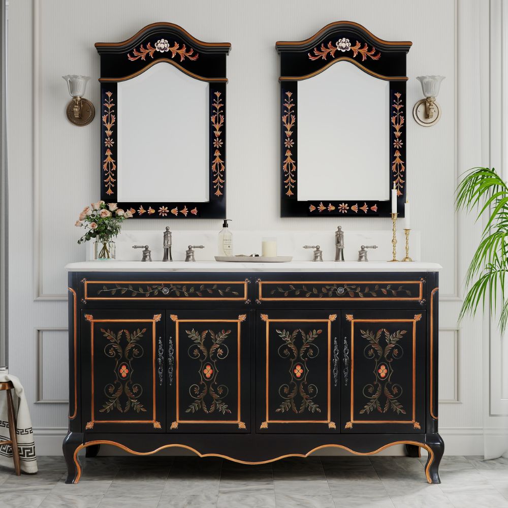 60 Inch Double Sink Bathroom Vanity Decoroso Hand-Painted Floral Desig ...