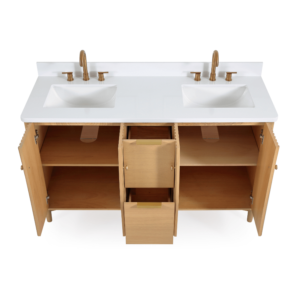 60 Inch Double Sink Wood Finish Odelia Bathroom Vanity With White Quar ...
