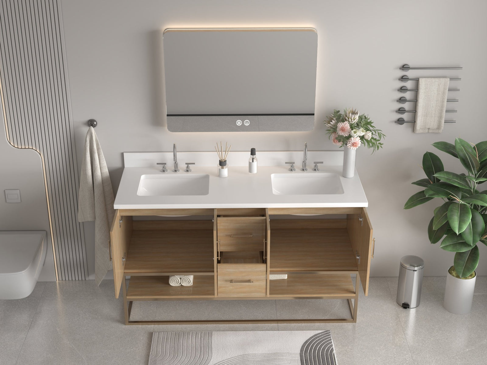 60 Inch Lima Modern Light Oak Double Sink Bathroom Vanity | Open Shelf ...