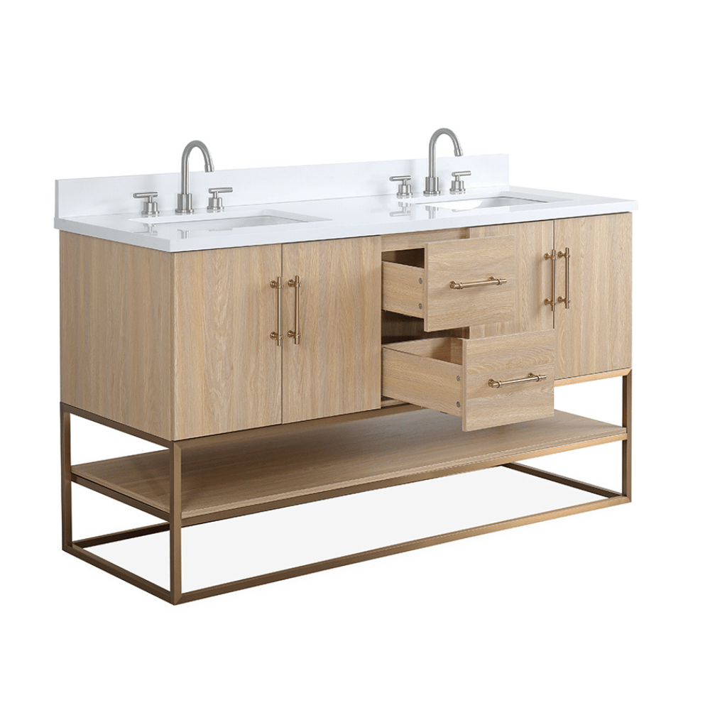 60 Inch Lima Modern Light Oak Double Sink Bathroom Vanity | Open Shelf ...