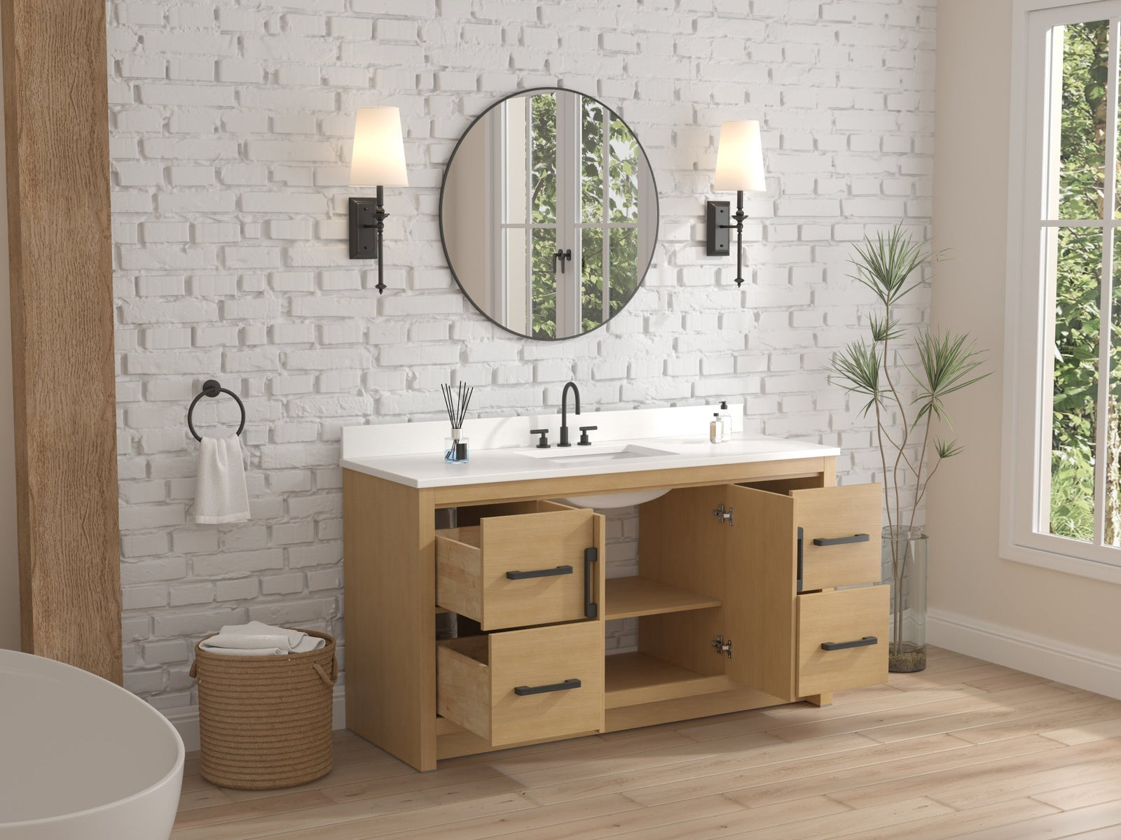 60 Inch Light Oak Sandi Single Sink Bathroom Vanity Toe Kick Style Wit ...