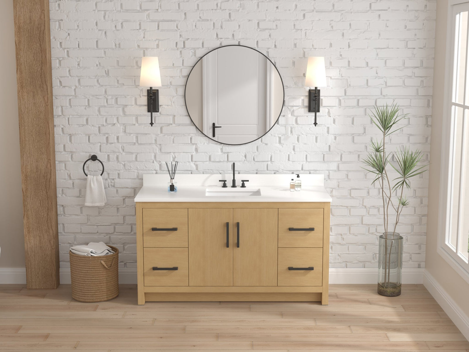 60 Inch Light Oak Sandi Single Sink Bathroom Vanity Toe Kick Style Wit ...