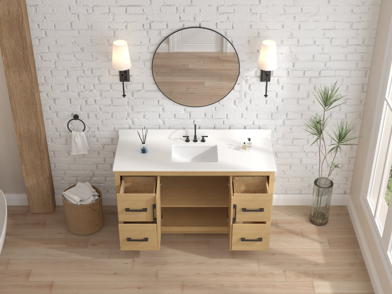 60 Inch Light Oak Sandi Single Sink Bathroom Vanity Toe Kick Style Wit ...