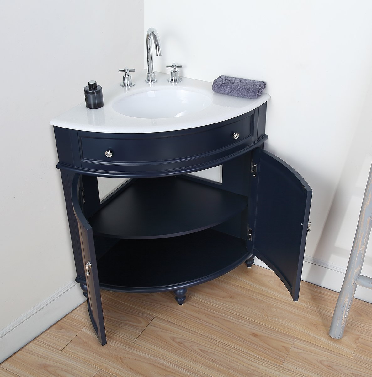 24 Inch Triadsville Navy Blue Corner Design Bathroom Vanity With Quart ...