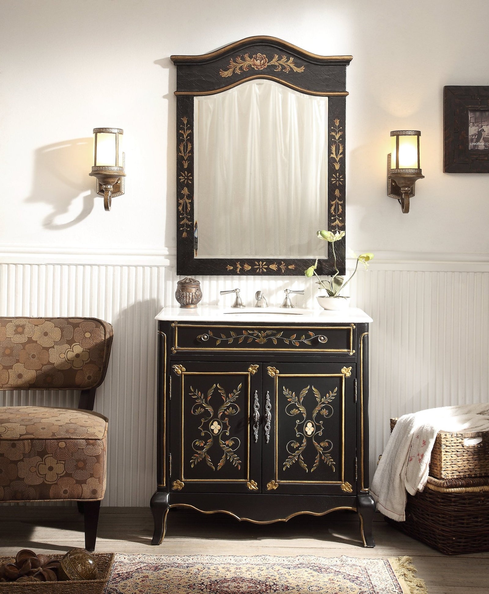 32" Hand-painted Floral Motif Decoroso Bathroom Vanity in Black Model ...