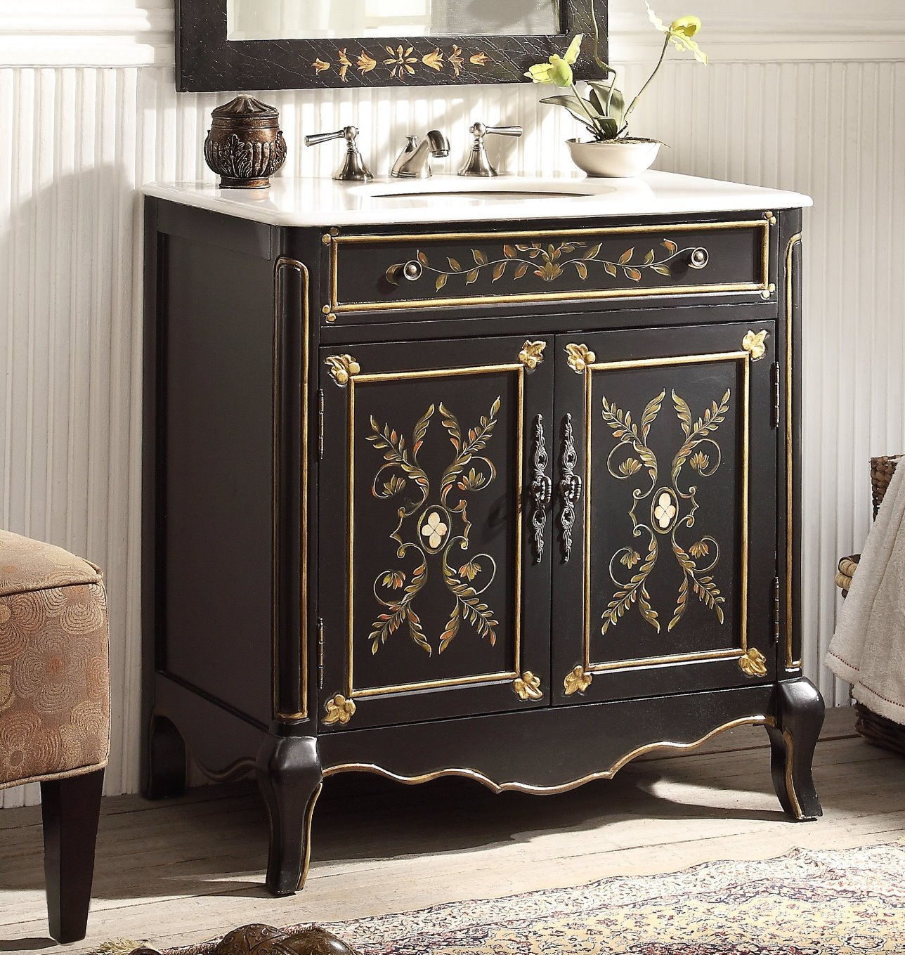 32" Hand-painted Floral Motif Decoroso Bathroom Vanity in Black Model ...