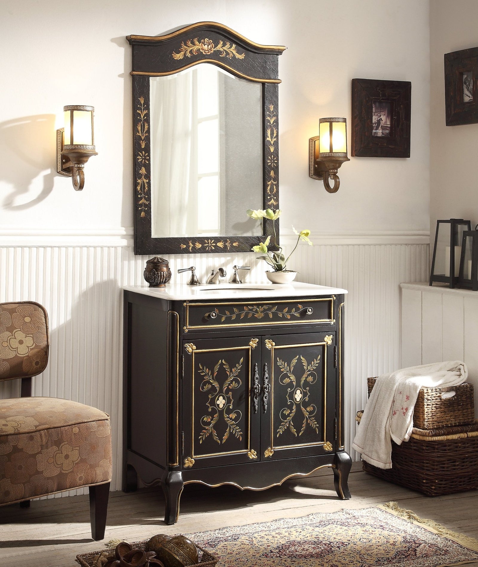 32" Hand-painted Floral Motif Decoroso Bathroom Vanity in Black Model ...