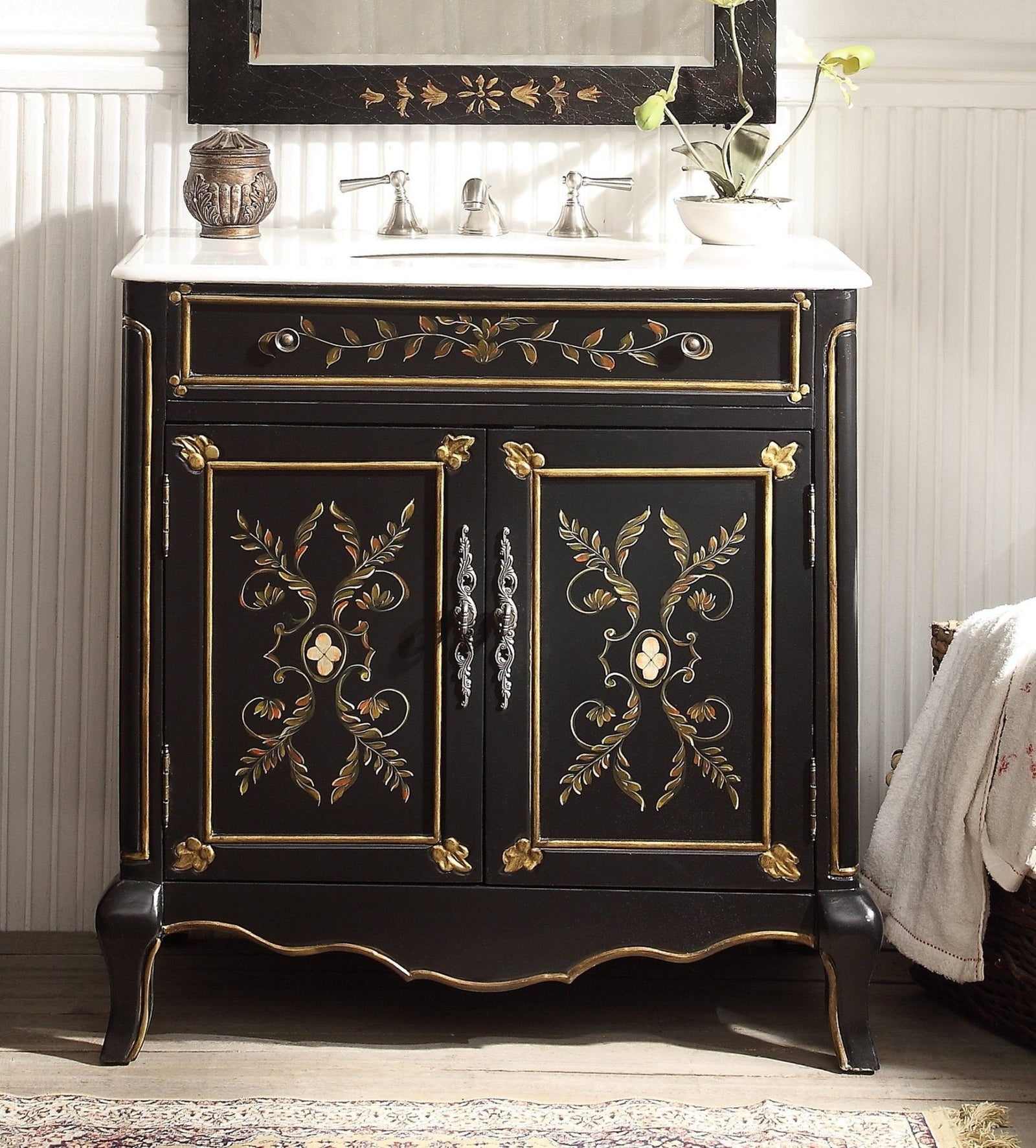 32" Hand-painted Floral Motif Decoroso Bathroom Vanity in Black Model ...