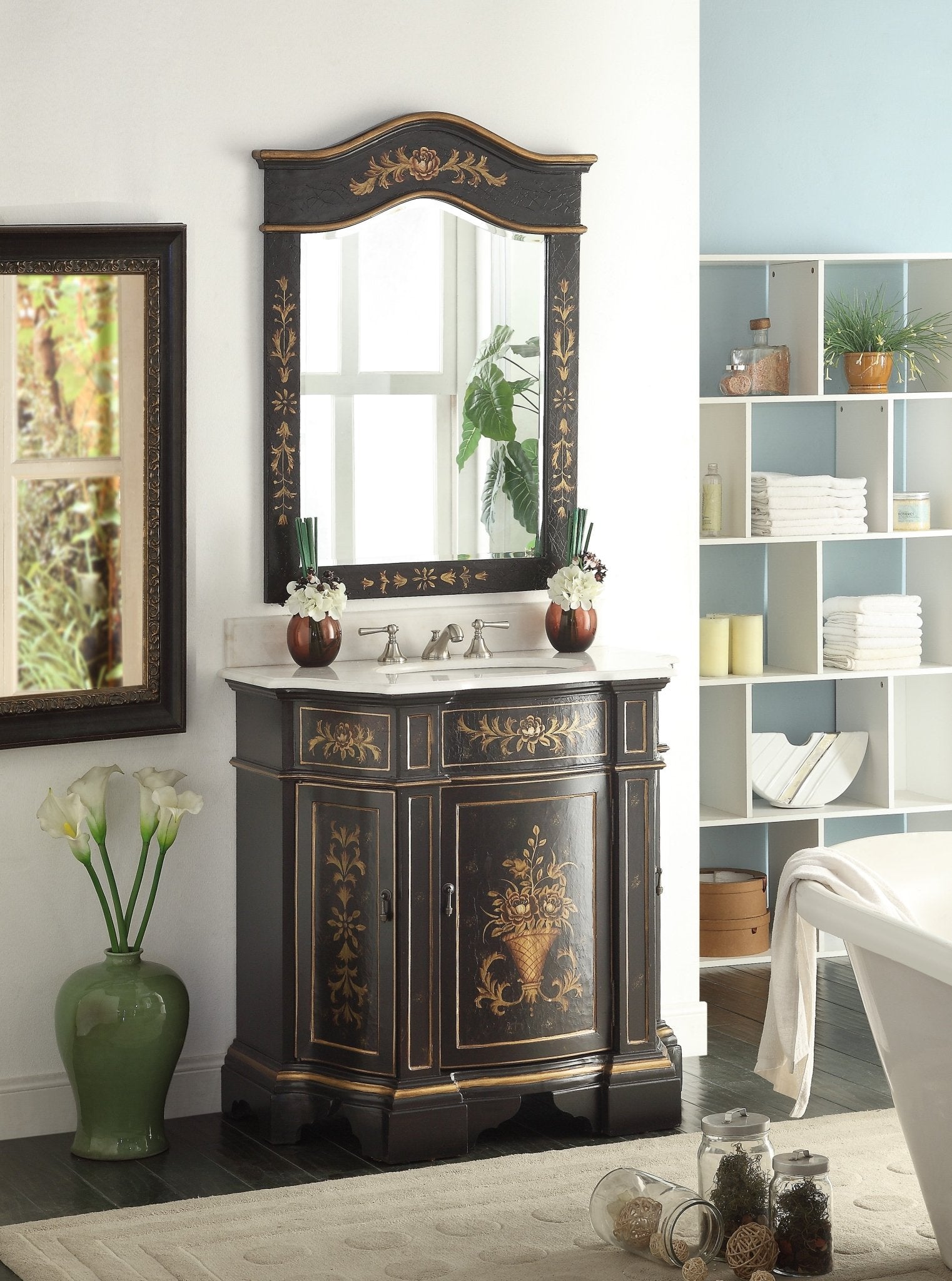 35 Inch Black Bathroom Vanity With Hand-Painted Floral Design – Chans ...