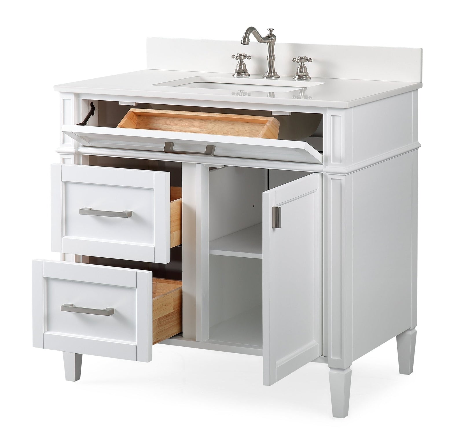 36 Inch Durand Modern White Bathroom Sink Vanity with Stone Counter To ...