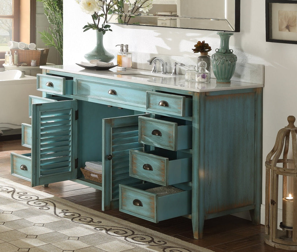 60 inch Abbeville Distressed Blue Single Sink Bathroom Vanity With Mar ...