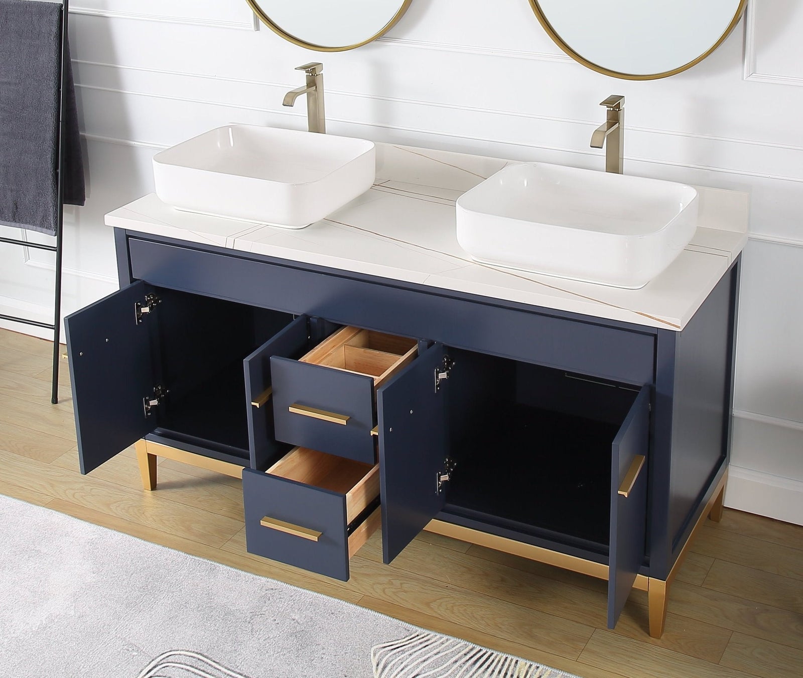 60" Tennant Brand Vessel sink Navy Blue Beatrice Double Sink Vanity ...