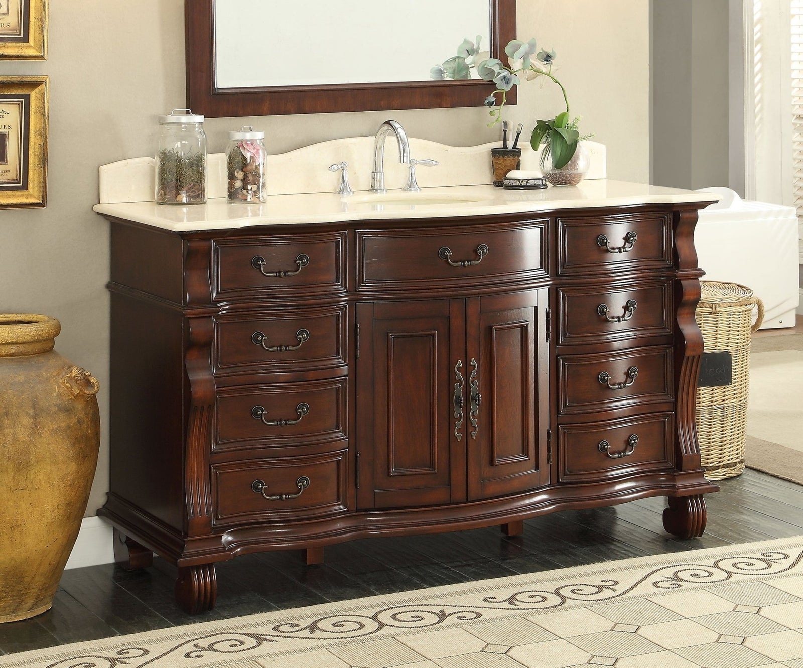 60 inch Antique Style Cherry Wood Hopkinton Bathroom Sink Vanity Cream ...