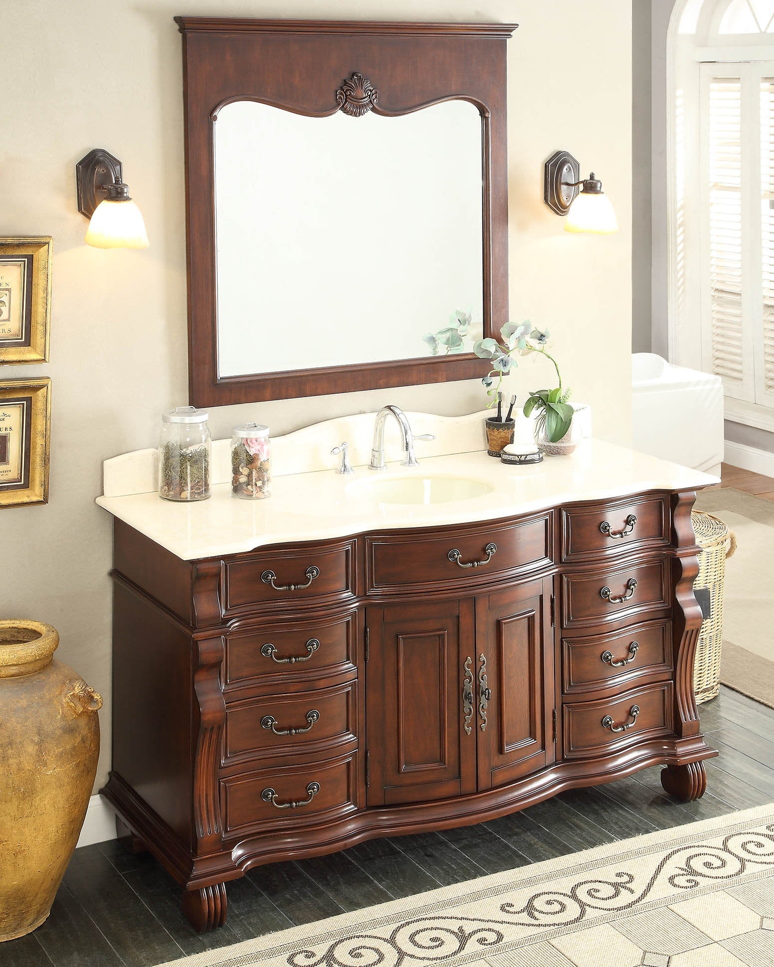 60 inch Antique Style Cherry Wood Hopkinton Bathroom Sink Vanity Cream ...