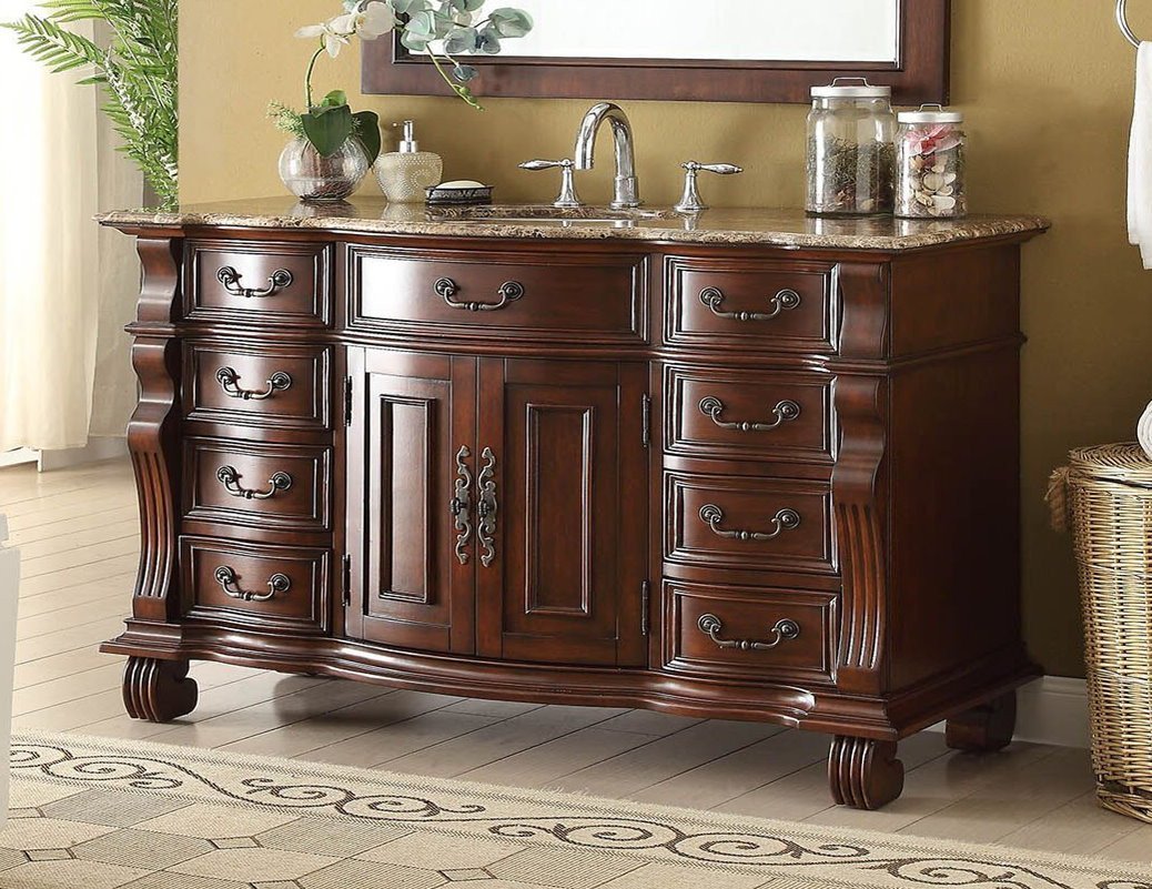 60 inch Antique Style Cherry Wood Hopkinton Bathroom Sink Vanity With ...
