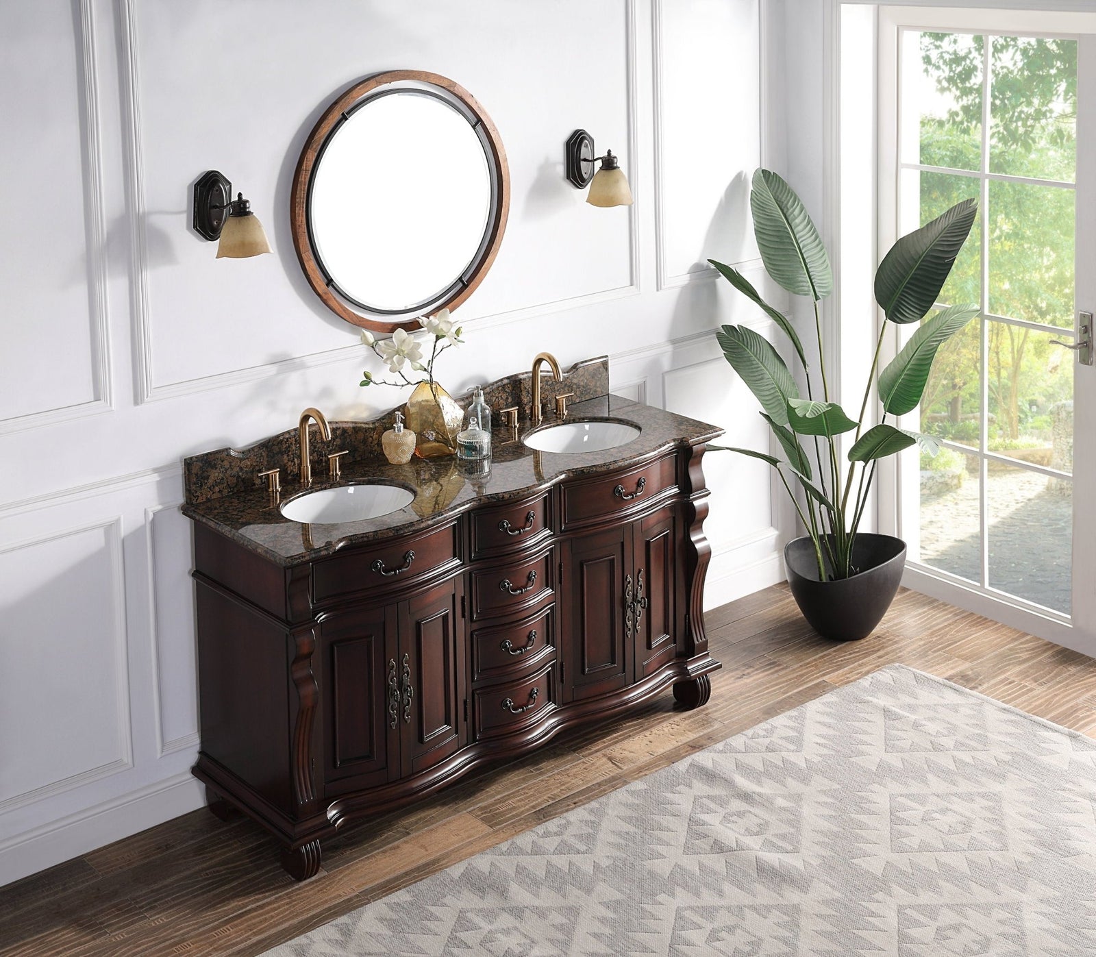 64" Traditional Style Cherry Wood Hopkinton Double Sink Bathroom Vanit ...