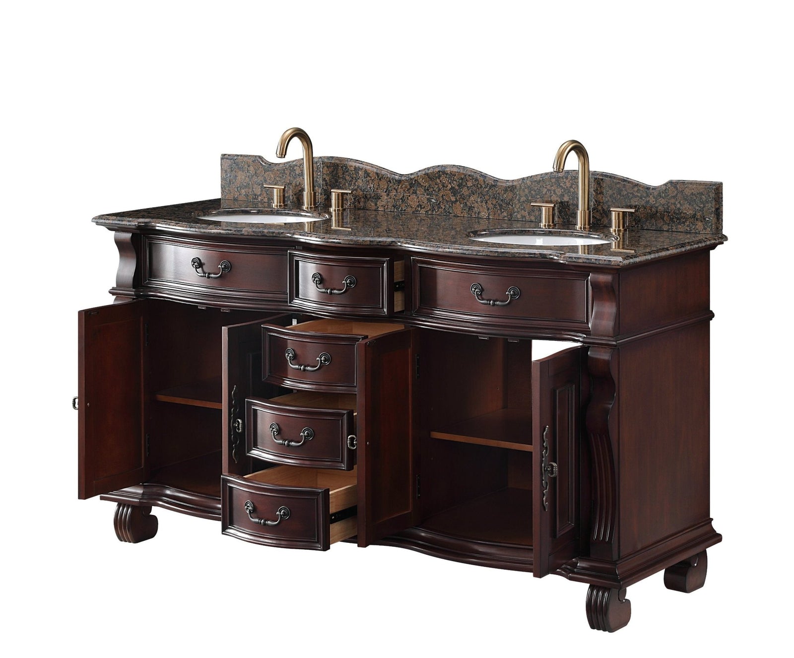 64" Traditional Style Cherry Wood Hopkinton Double Sink Bathroom Vanit ...